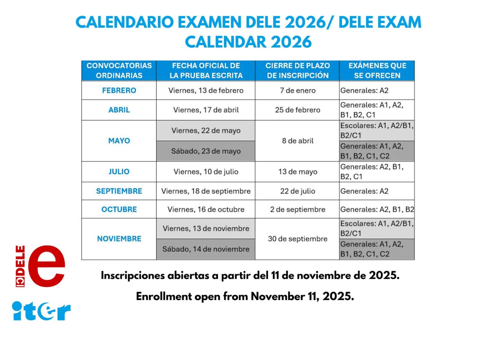 Calendario exámenes DELE 2026